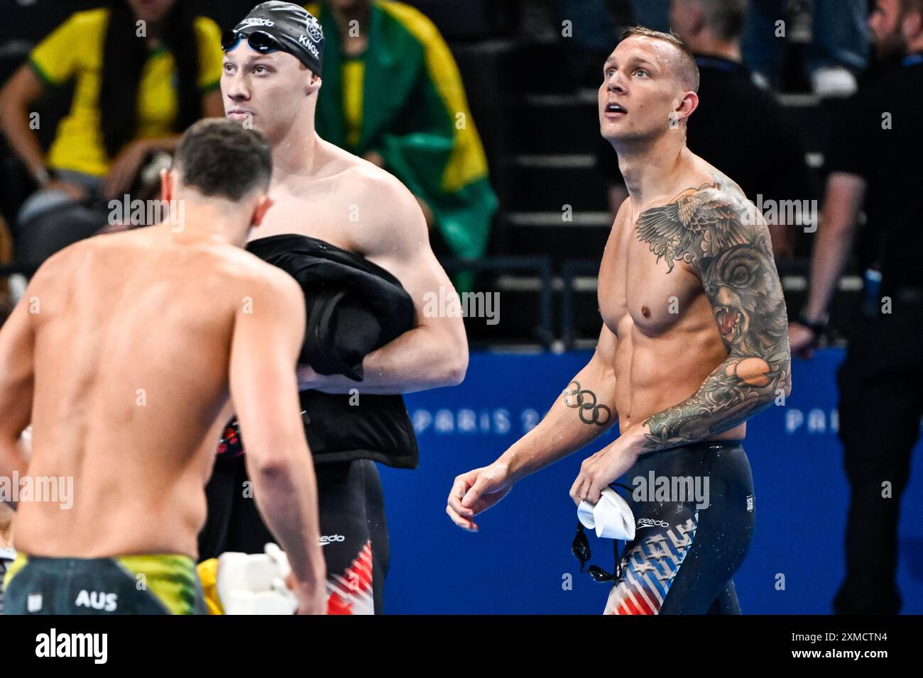 Paris, France. 27th July, 2024. Kyle Chalmers of Australia reacts after ...