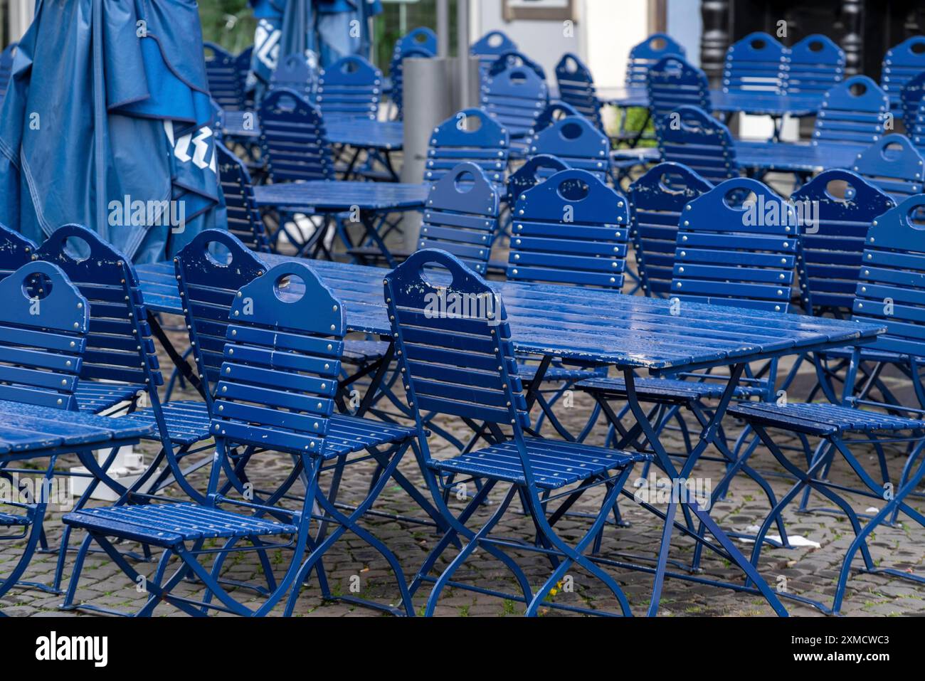 Catering, blue chairs and tables in a beer garden, outdoor catering ...