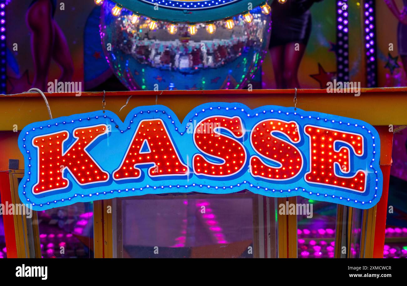 Funfair, fairground, illuminated sign for the cash desk of a fairground ...
