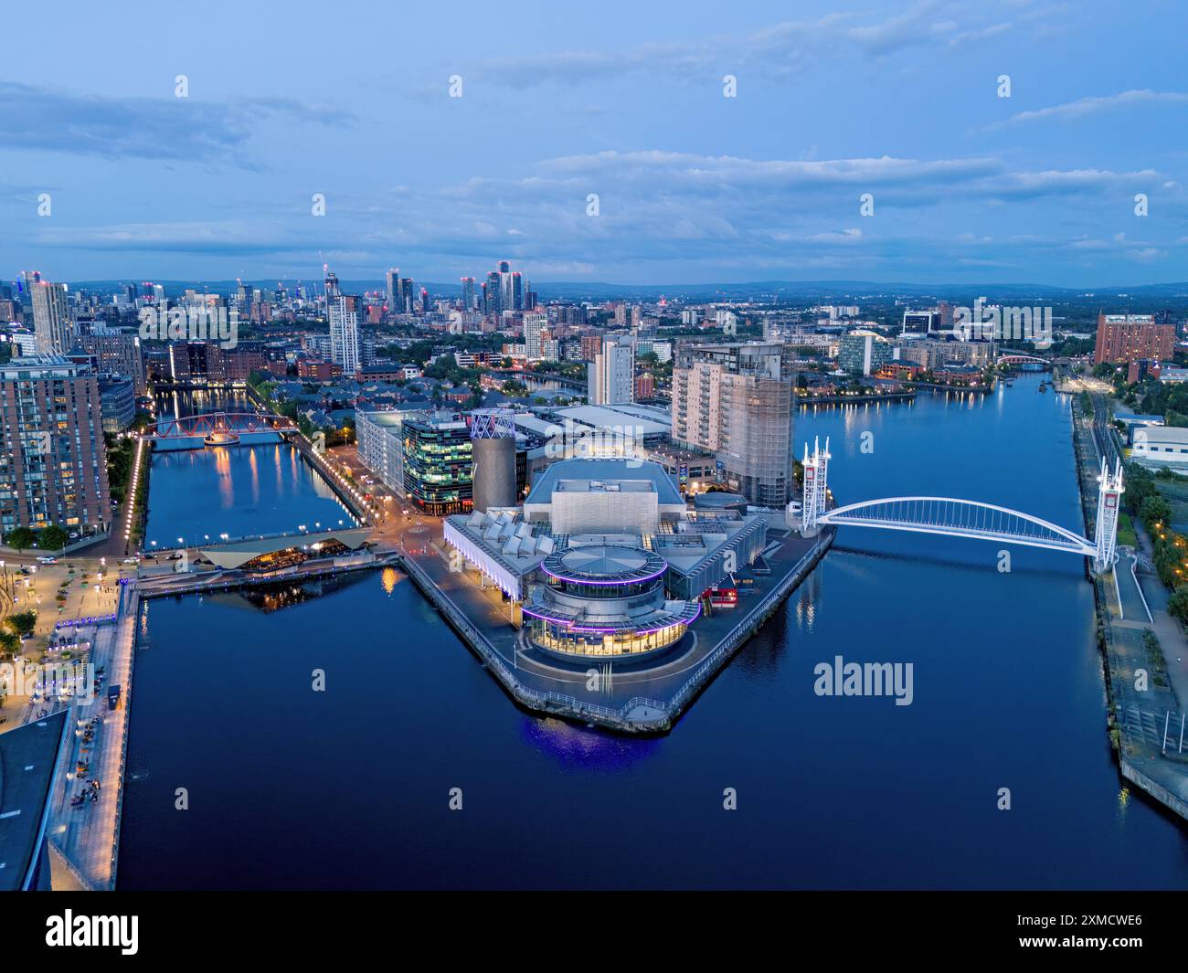 Manchester, England Ariel view of Salford Quays, waterfront, Imperial ...