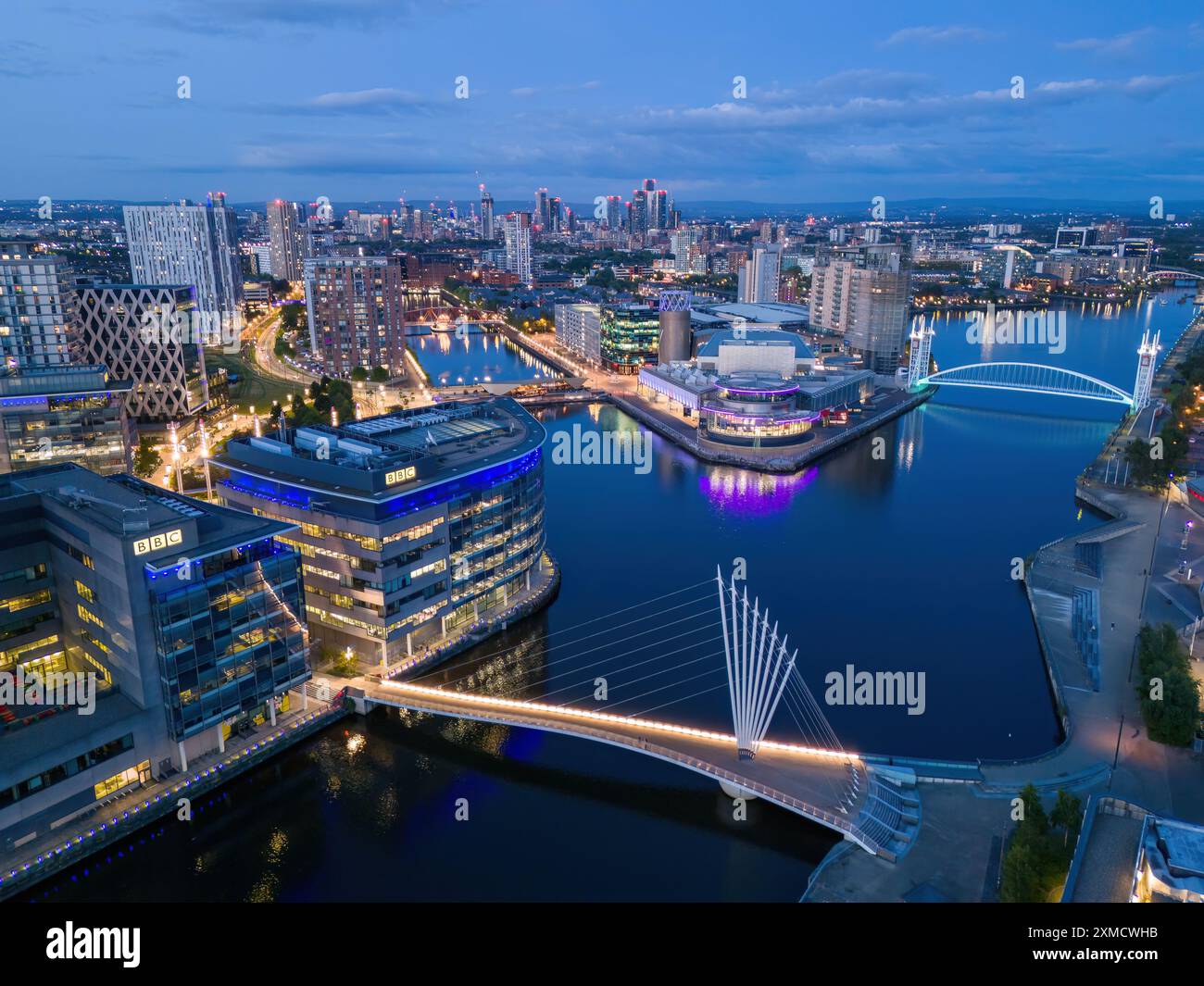 Manchester, England Ariel view of Salford Quays, waterfront, Imperial ...