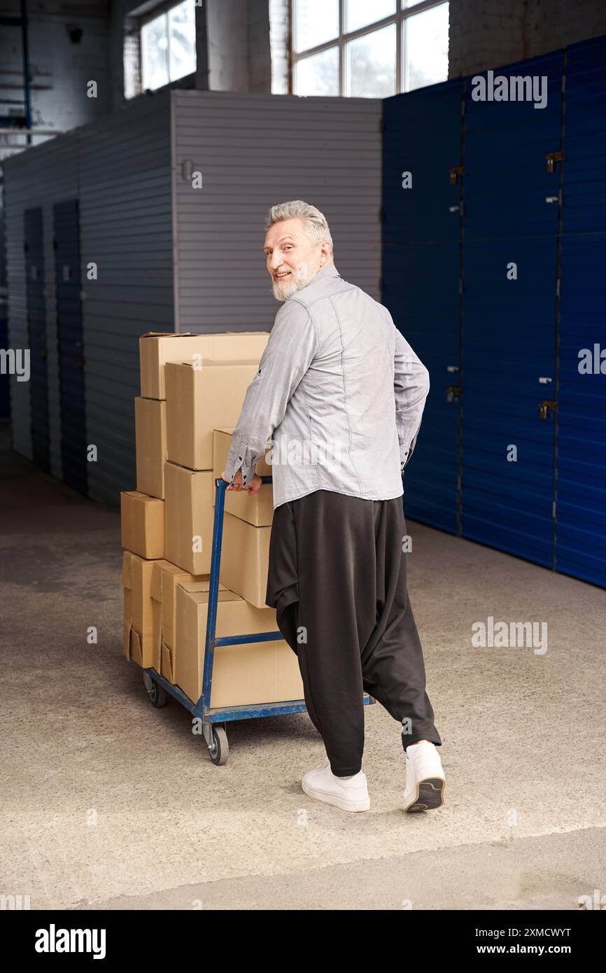 Male walking with trolley with stacked boxes to storehouse Stock Photo ...