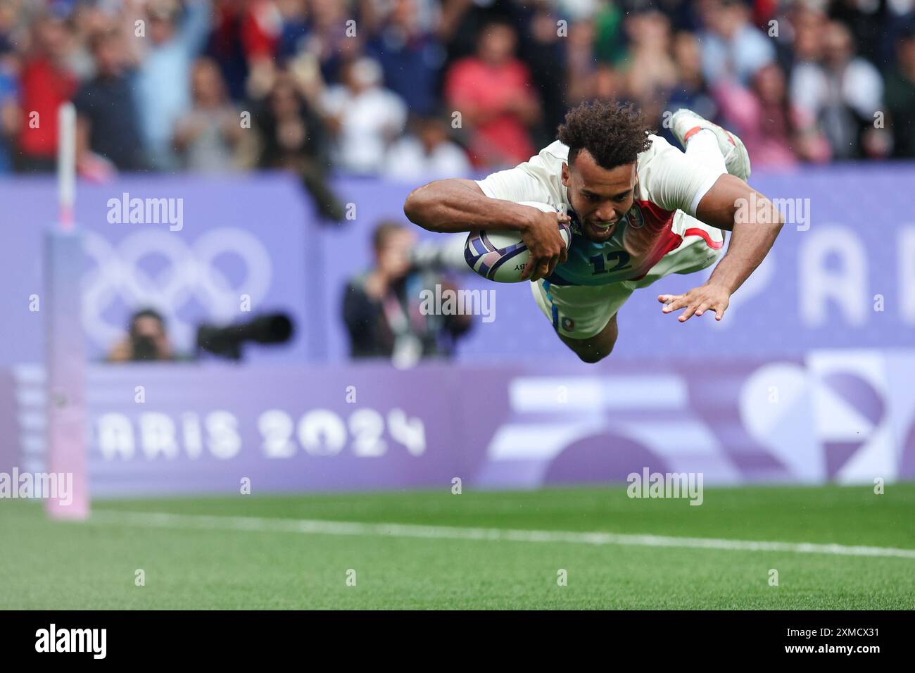 PARIS, FRANCE. 27th July, 2024. Jordan Sepho of France scores a try ...