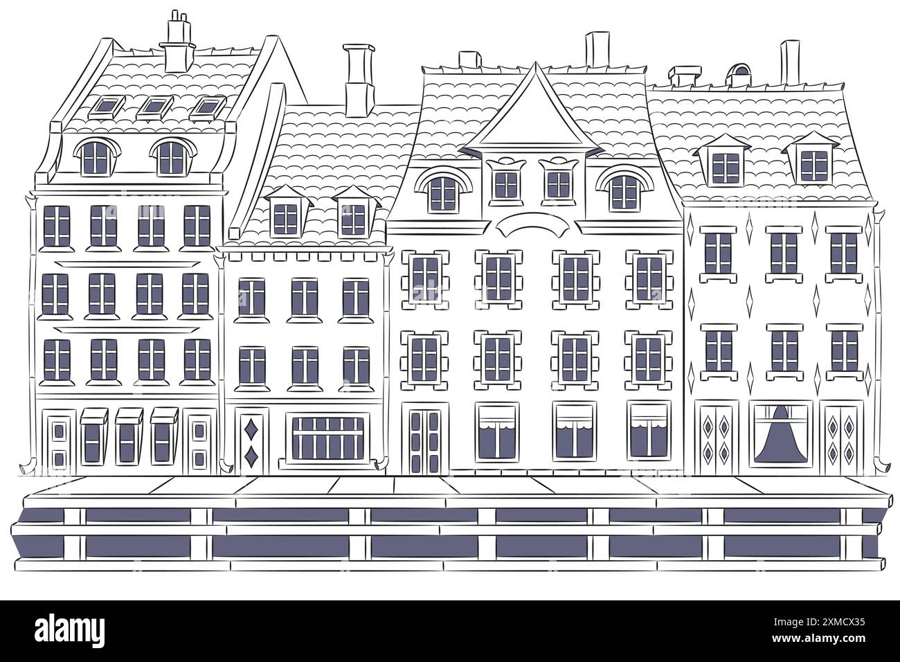 Vector drawing of old houses on the Nyhavn canal embankment in ...