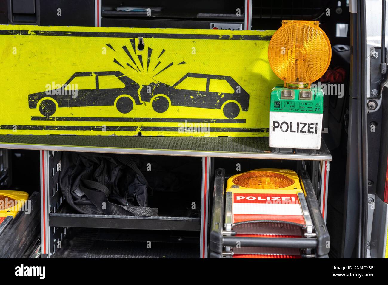 Motorway police patrol cars, warning signs, beacons, signal lamps Stock ...