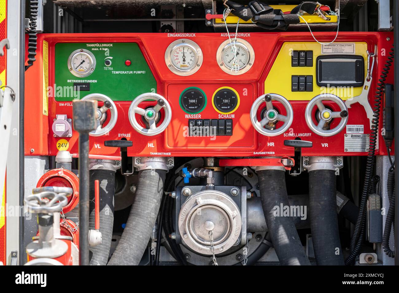 Pump system of a fire engine, water and foam extinguishing agent, hand ...