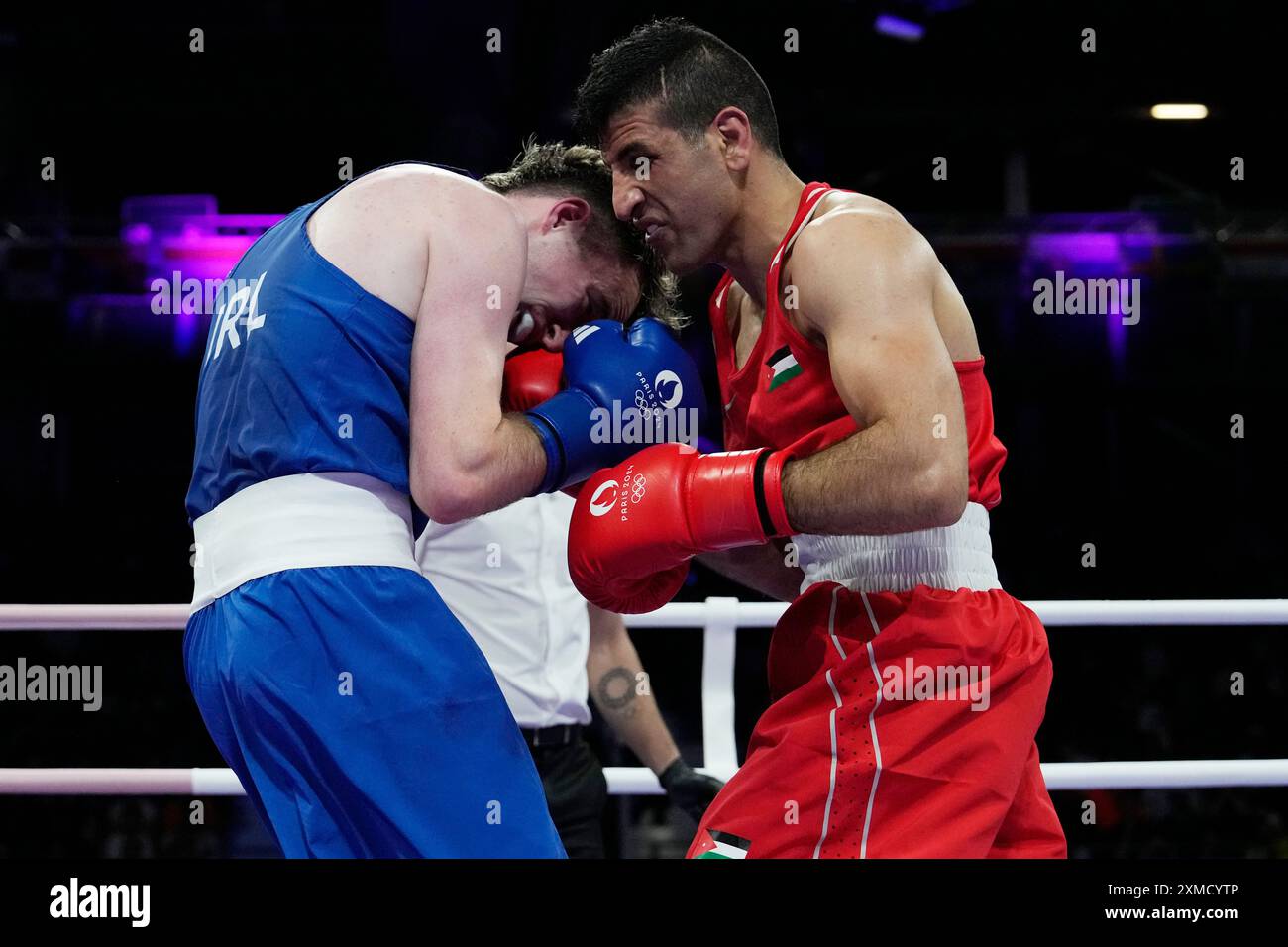 Jordan's Obada Alkasbeh, right, fights Ireland's Dean Clancy in their ...