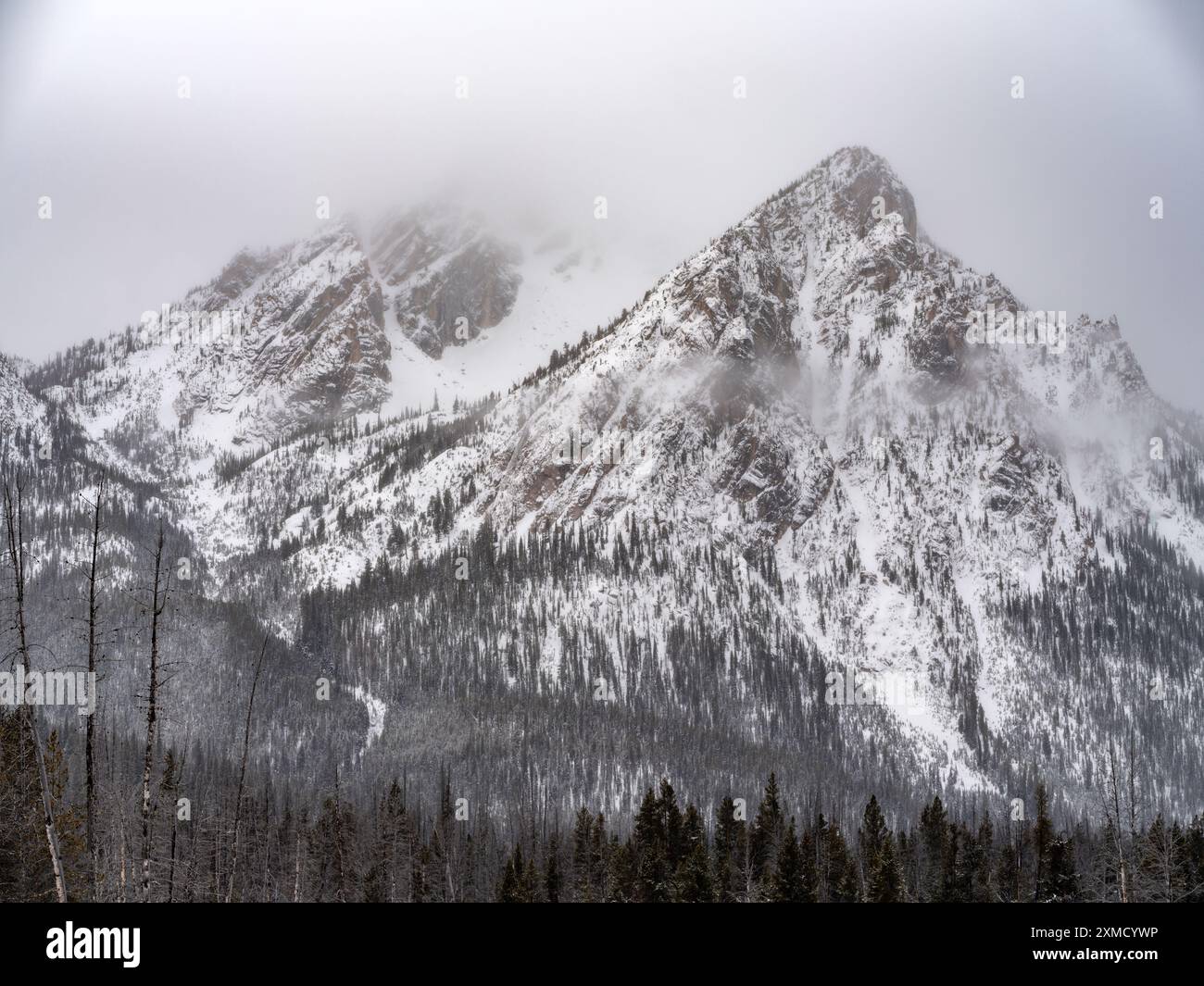 Snow and fog cover a high mountain peak in Idaho Stock Photo - Alamy