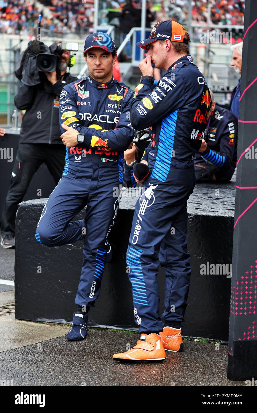 Spa Francorchamps, Belgium. 27th July, 2024. (L to R): Sergio Perez (MEX) Red Bull Racing with ...