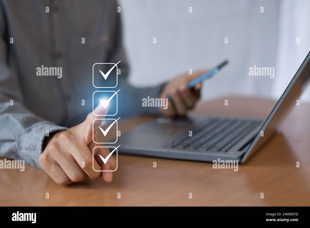 Businessman making correct marks, marks for checklist, document quality ...