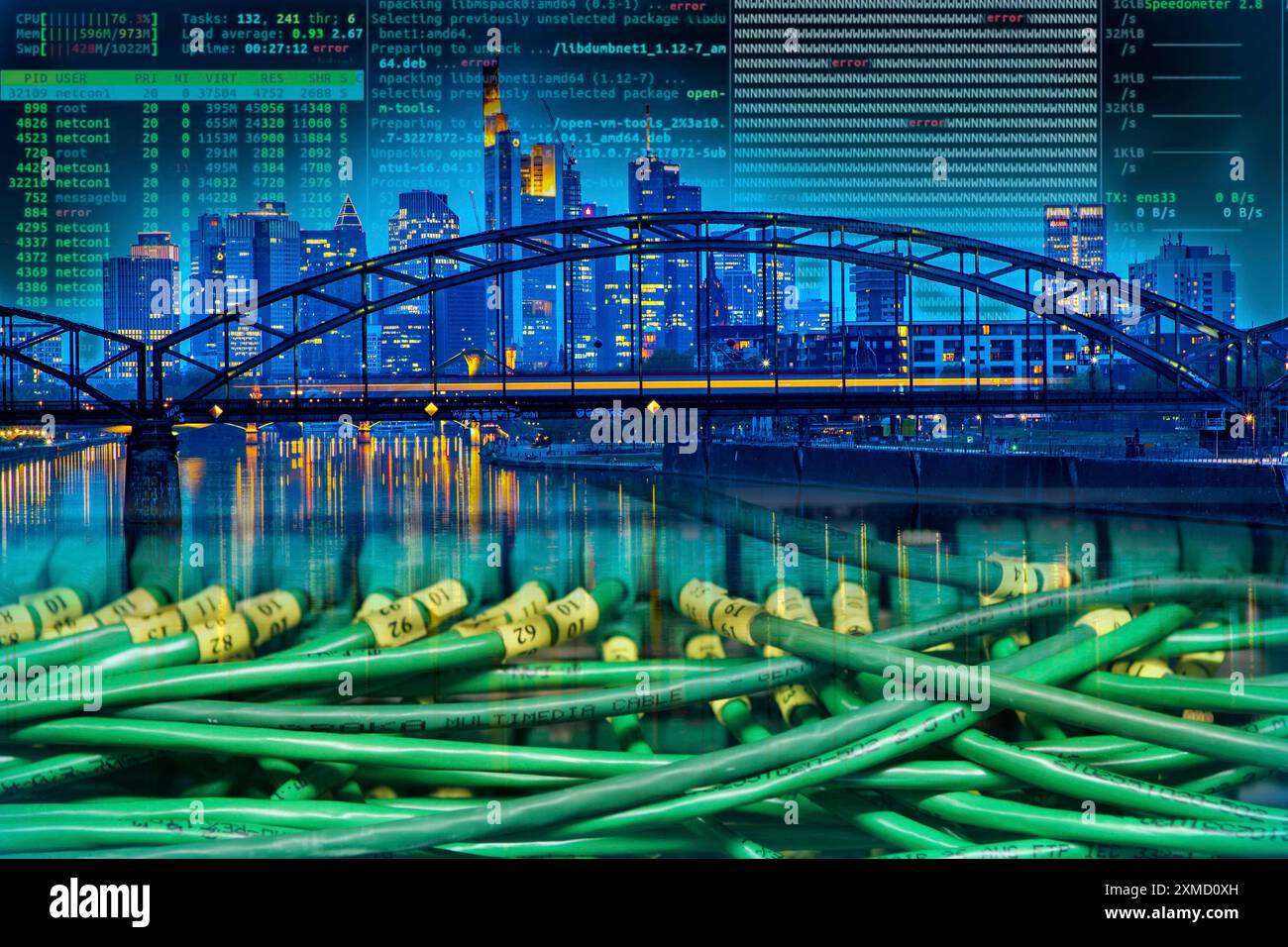 Symbolic image of critical infrastructure, skyline of Frankfurt am Main ...