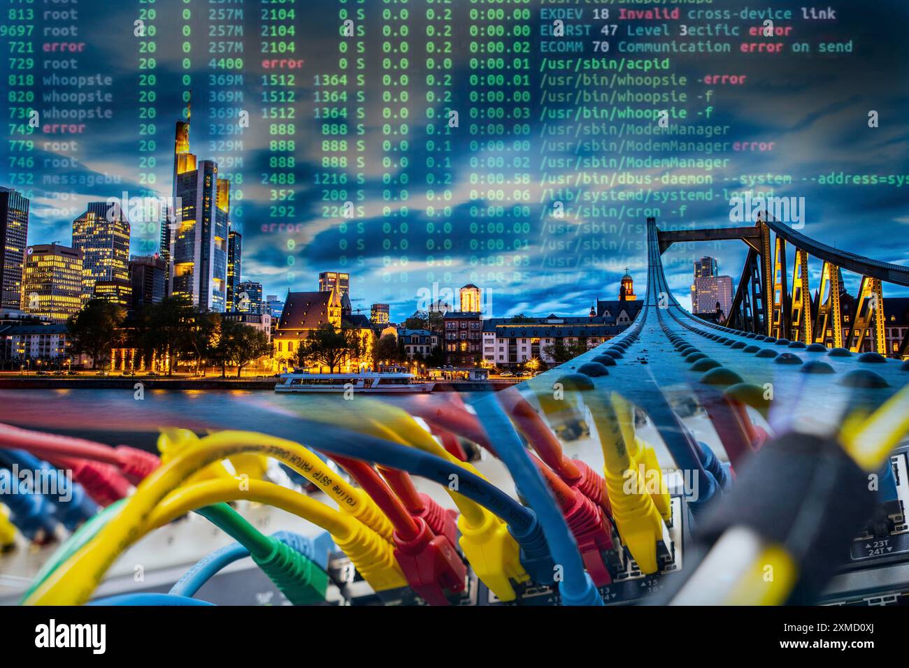 Symbolic image of critical infrastructure, skyline of Frankfurt am Main ...
