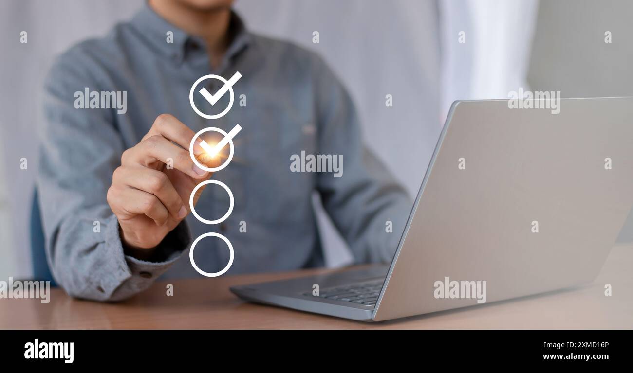 Businessman making correct marks, marks for checklist, document quality ...