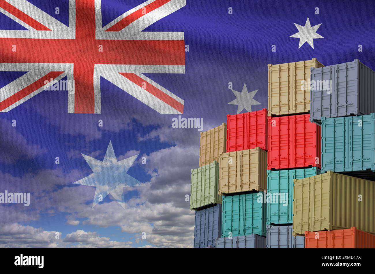 Australia flag and big stack of shipping cargo containers in docks with sky background close up ...