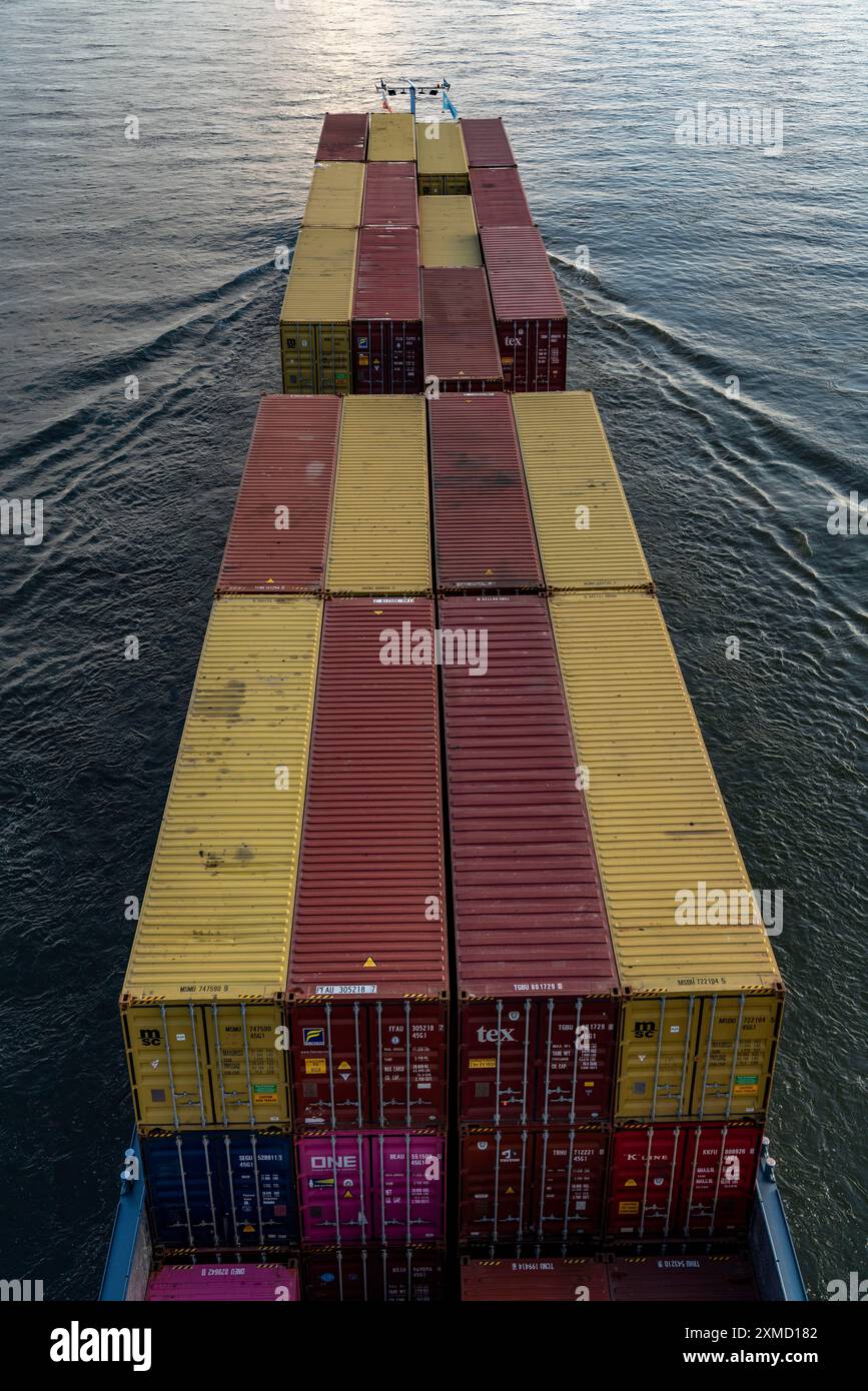 Container freighter, Amor Navi, cargo ship on the Rhine near Leverkusen ...