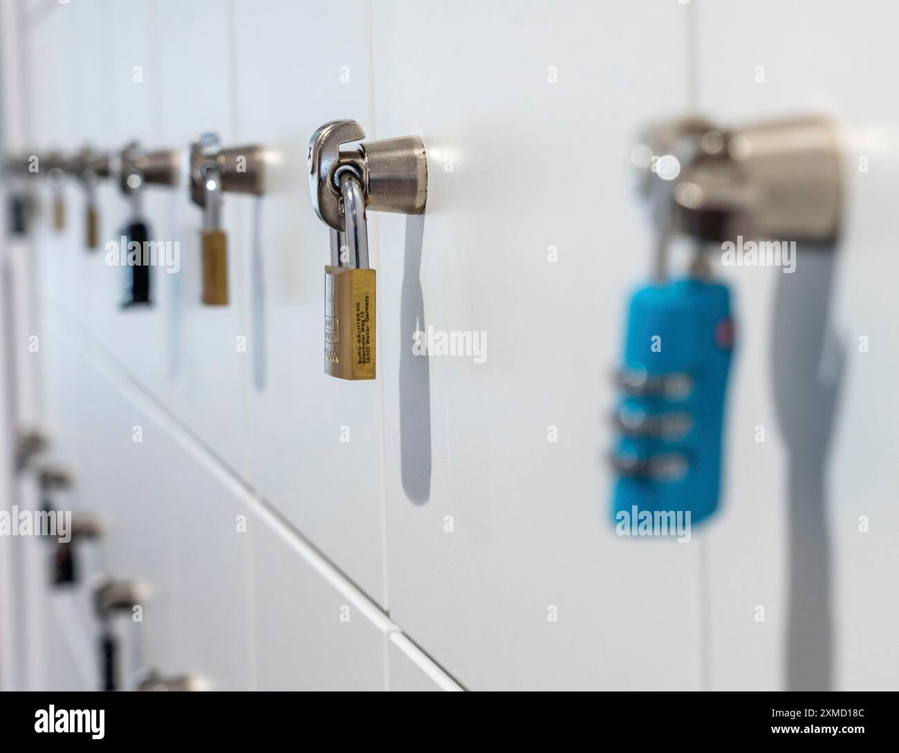 Lockers, in a training centre, lockable compartments with padlocks ...