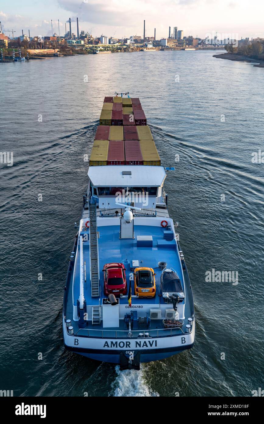 Container freighter, Amor Navi, cargo ship on the Rhine near Leverkusen, North Rhine-Westphalia ...