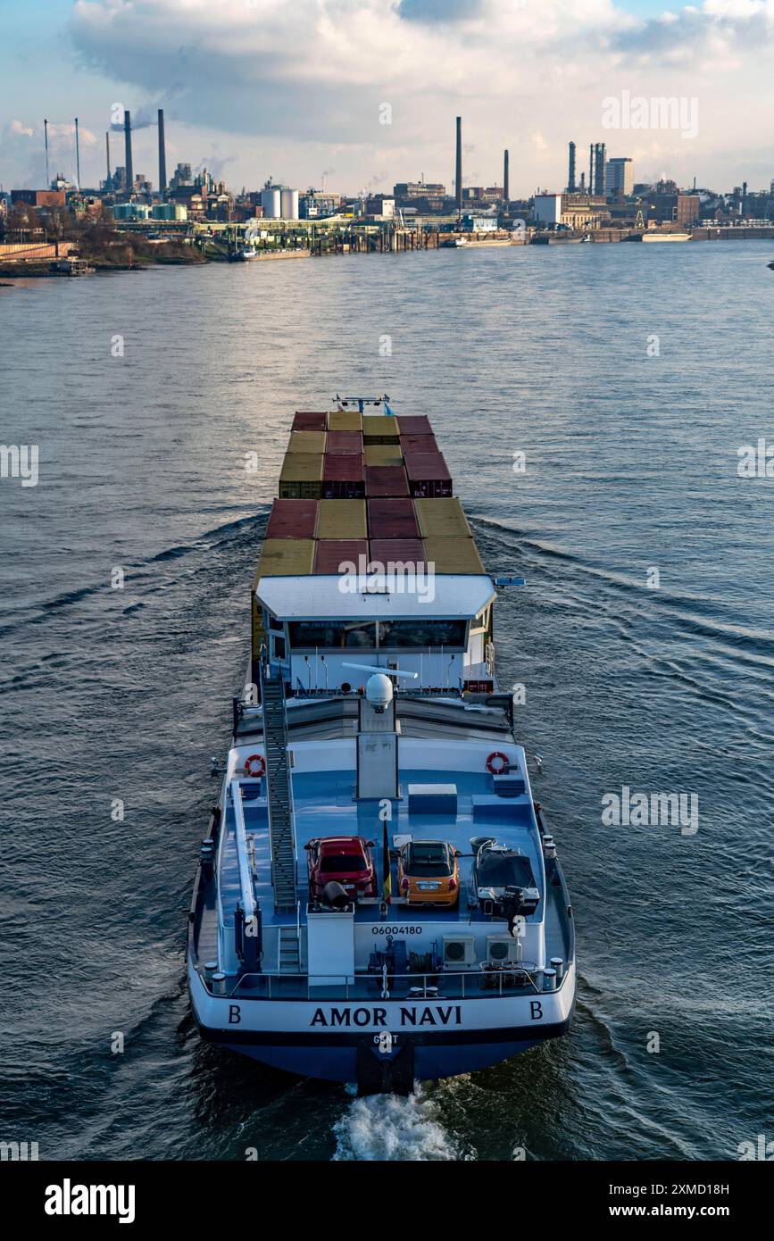 Container freighter, Amor Navi, cargo ship on the Rhine near Leverkusen ...