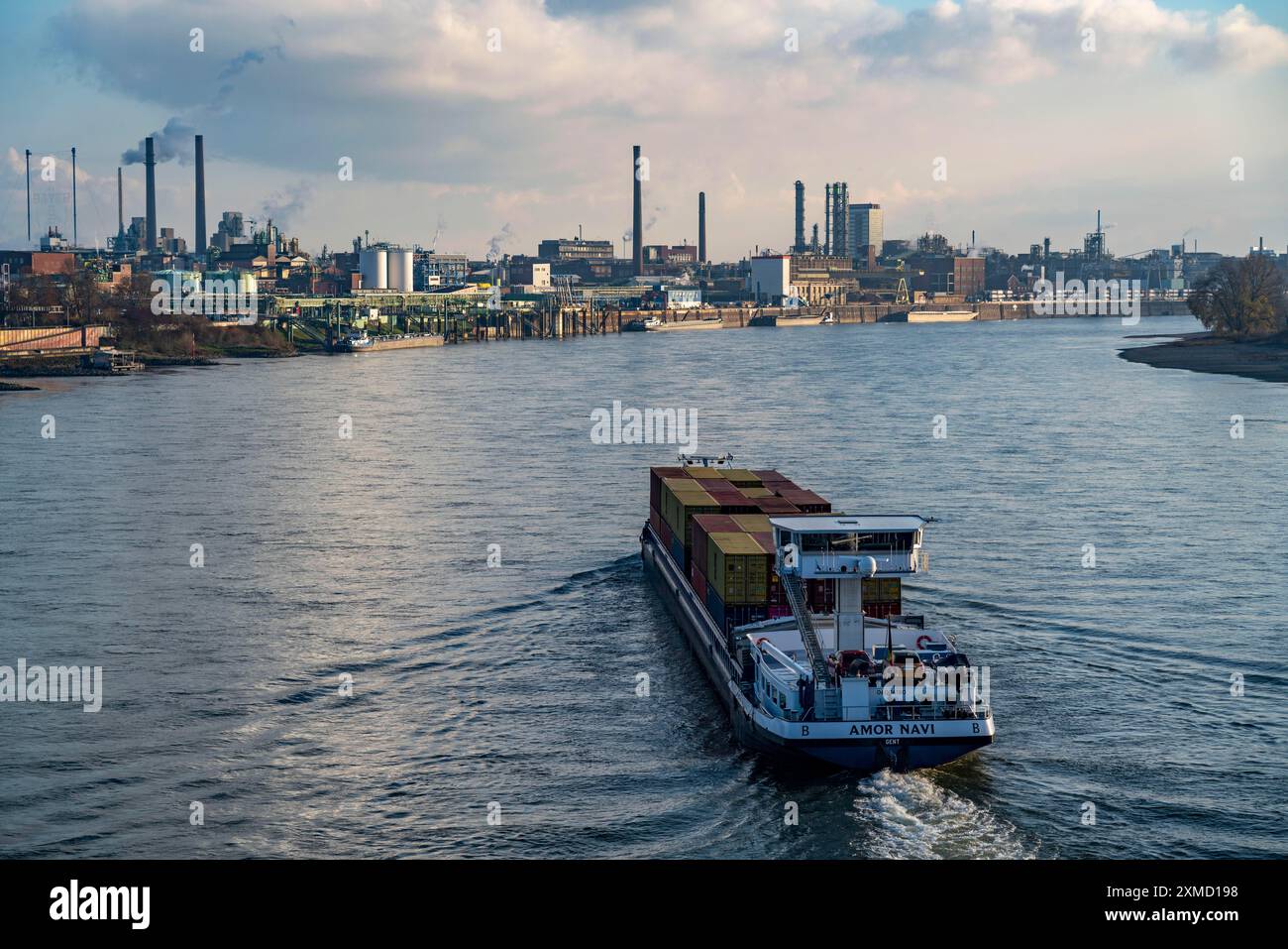 Container freighter, Amor Navi, cargo ship on the Rhine near Leverkusen ...