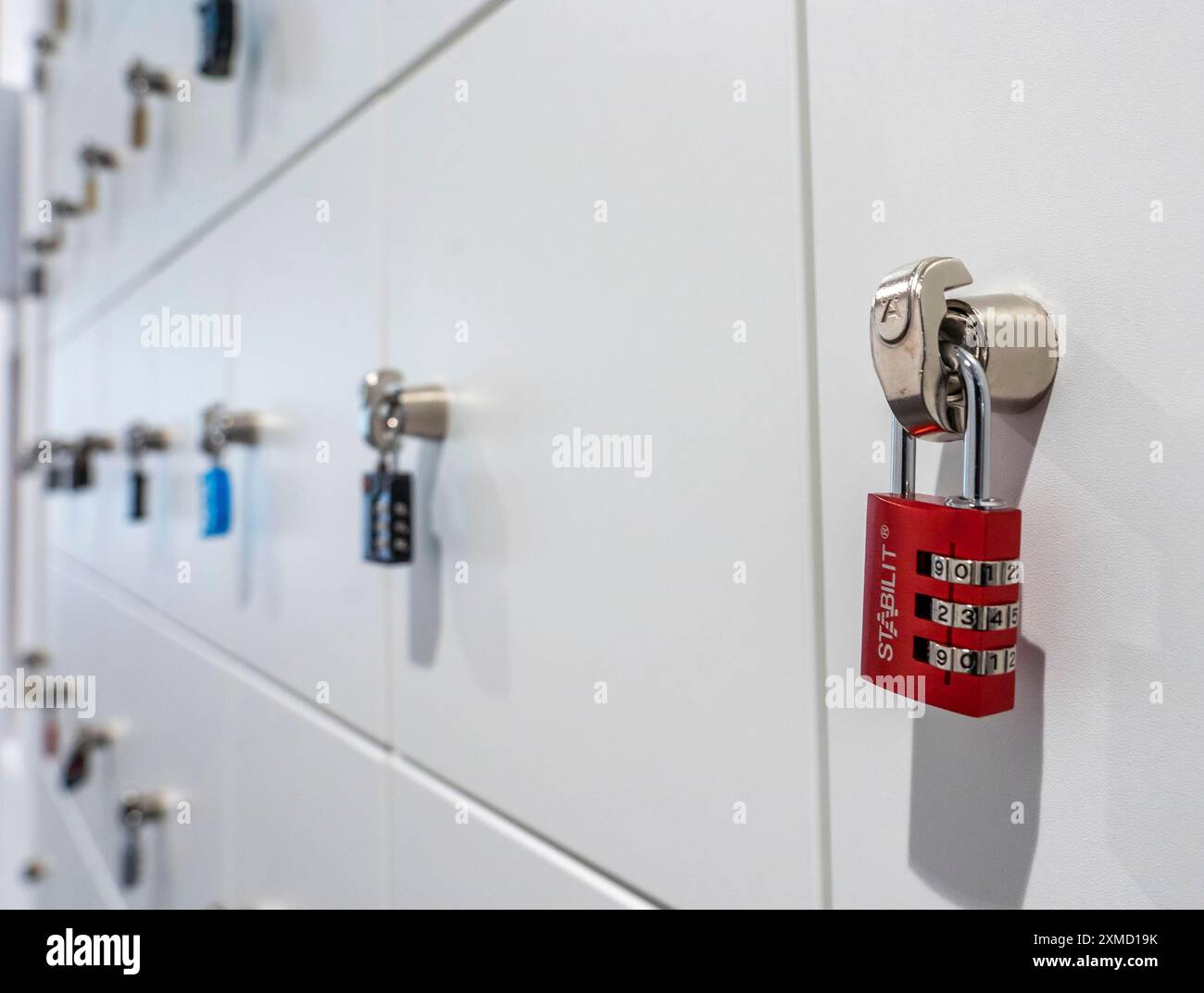 Lockers, in a training centre, lockable compartments with padlocks ...