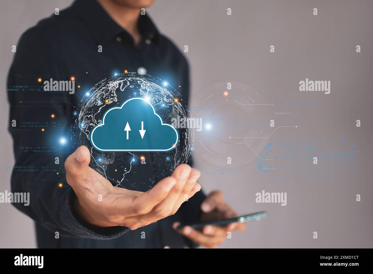 cloud computing shown in hand cloud technology data storage, data transfer, network and internet ...