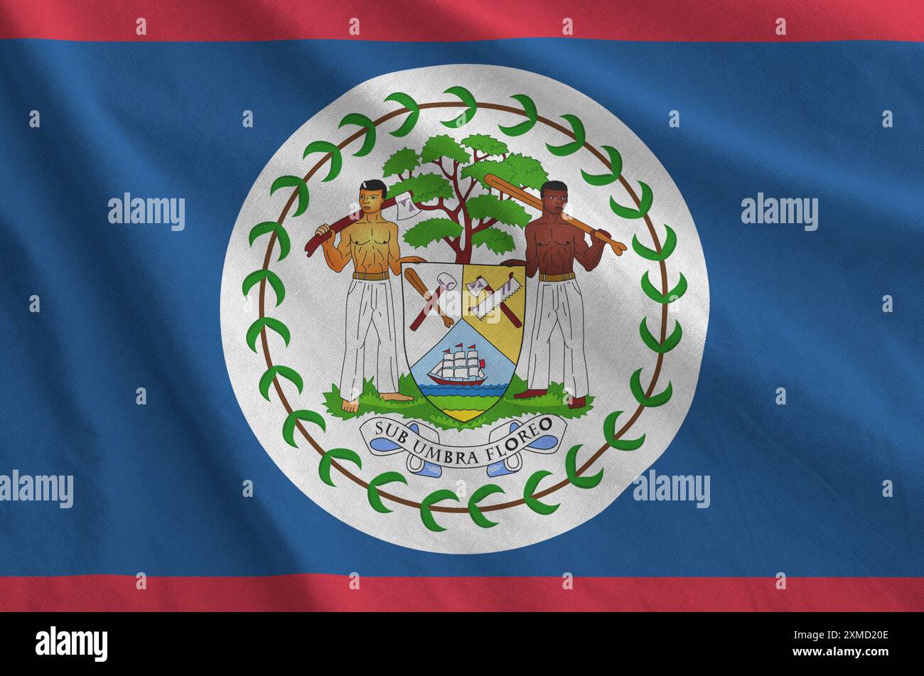 Belize flag depicted on folded wavy fabric of old cloth close up Stock ...