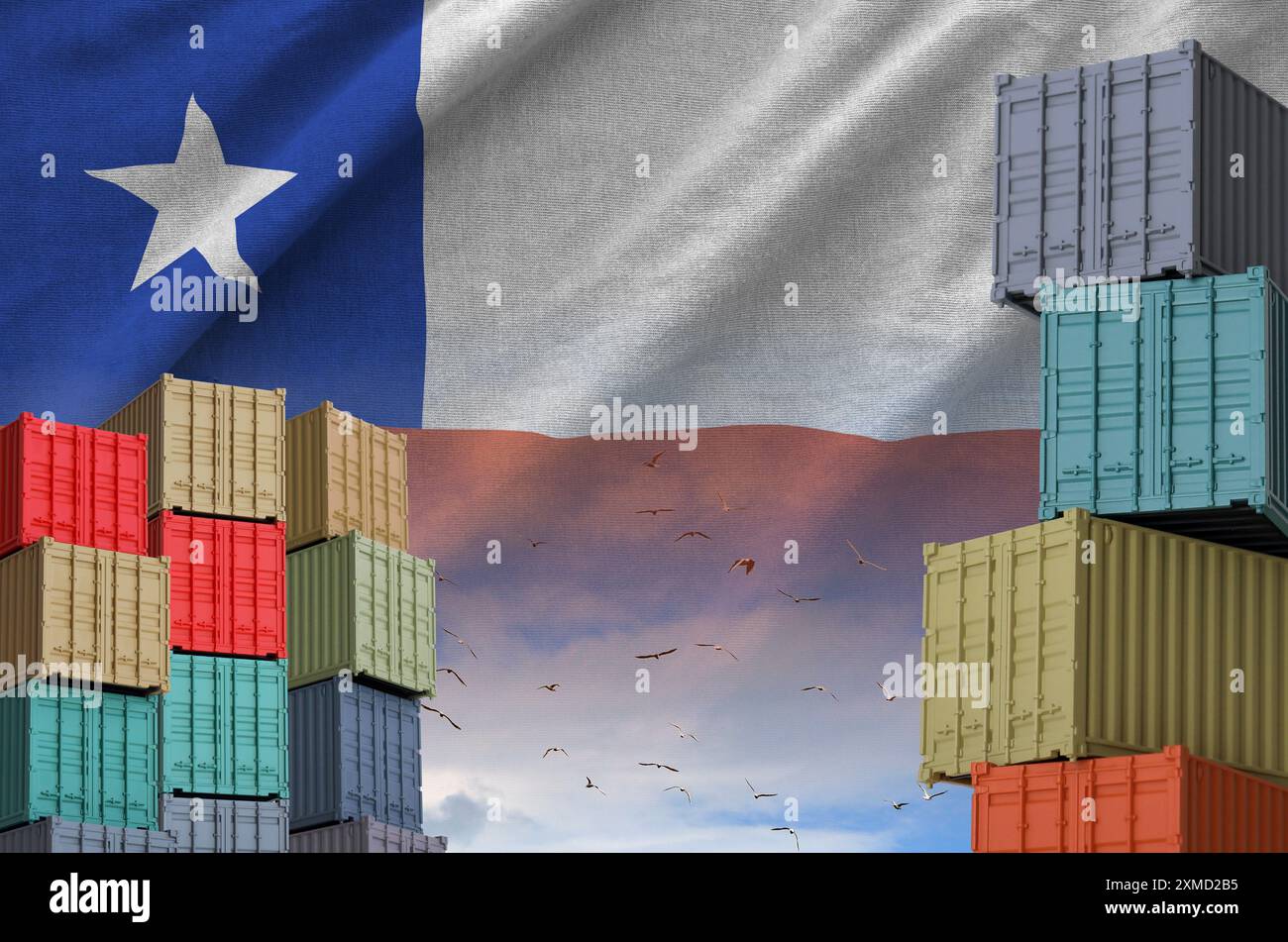 Chile flag and big stack of shipping cargo containers in docks with sky ...