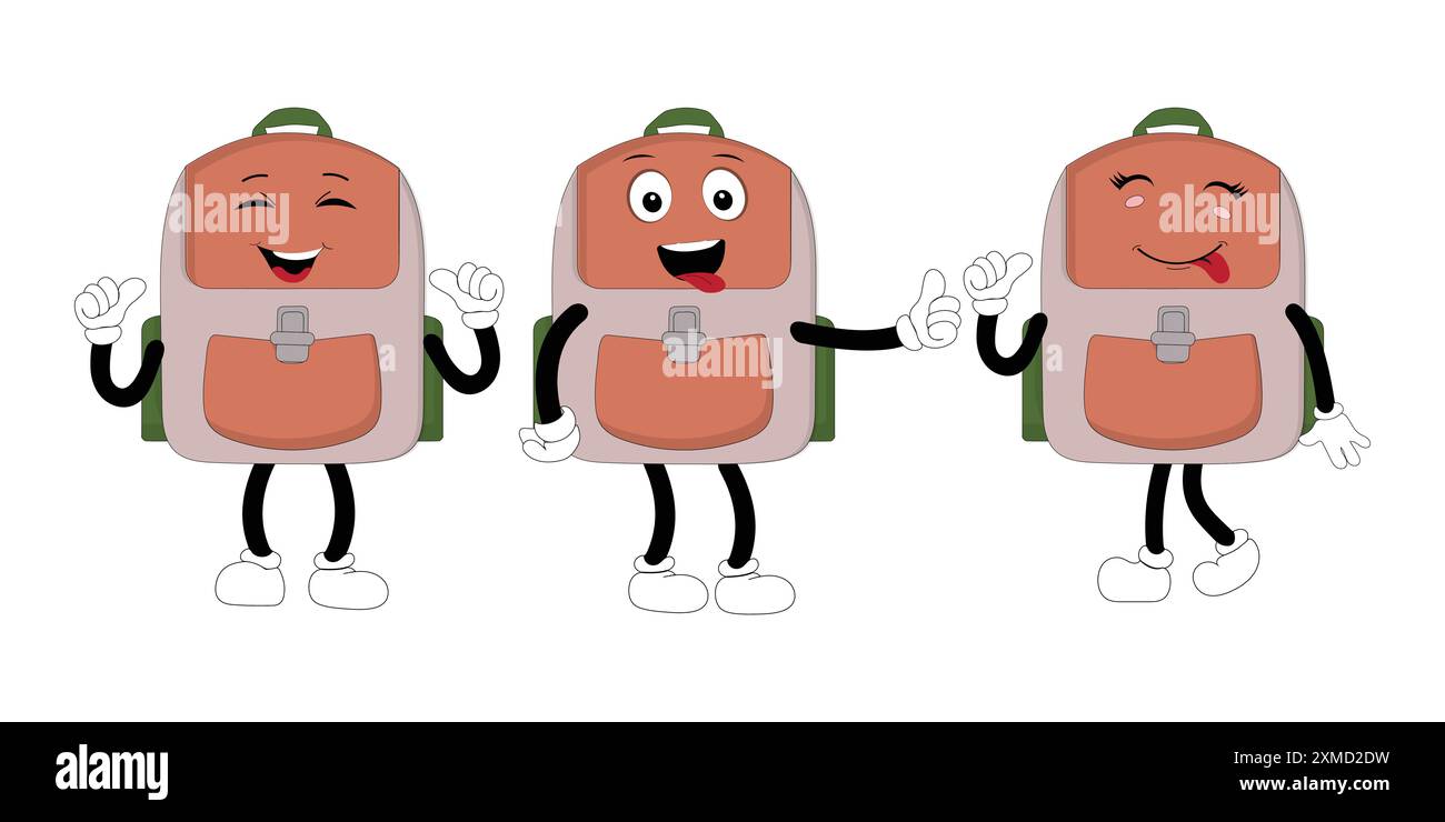 A set of cartoon backpack mascots with different expressions and poses ...