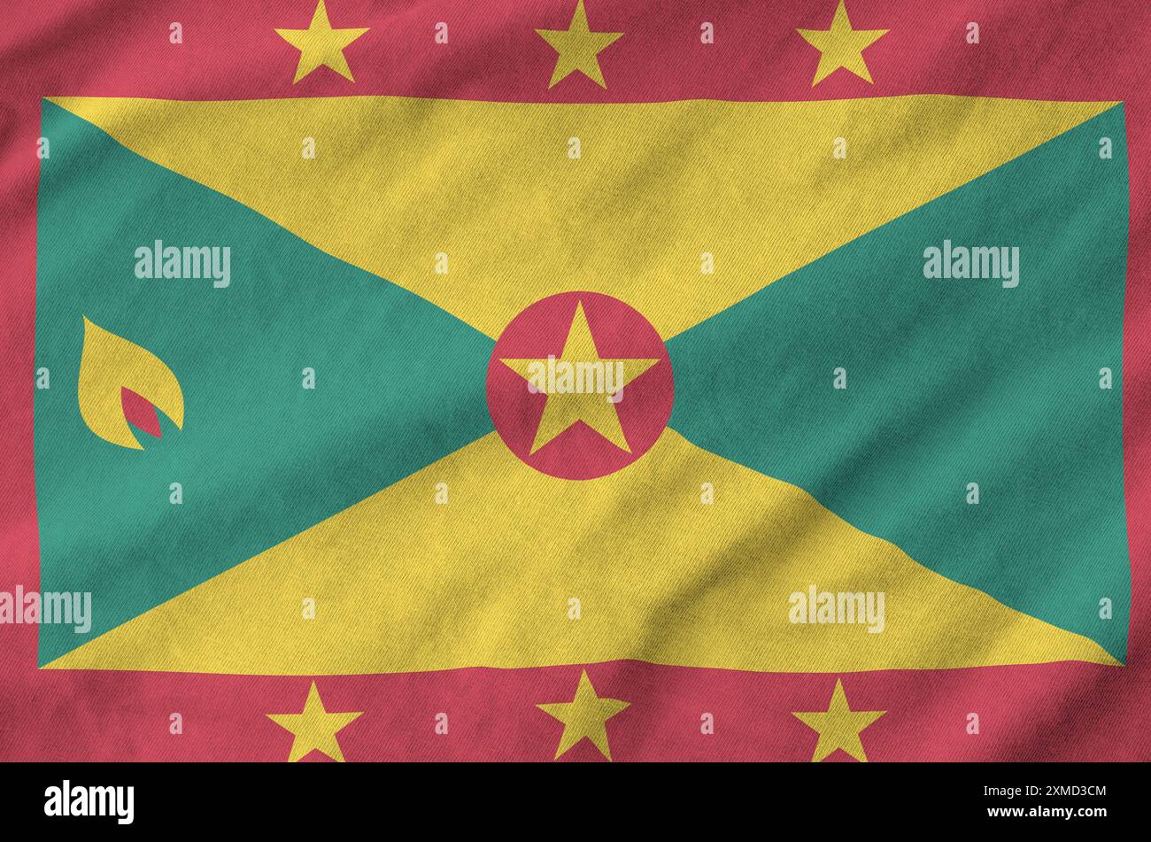 Grenada flag depicted on folded wavy fabric of old cloth close up Stock ...