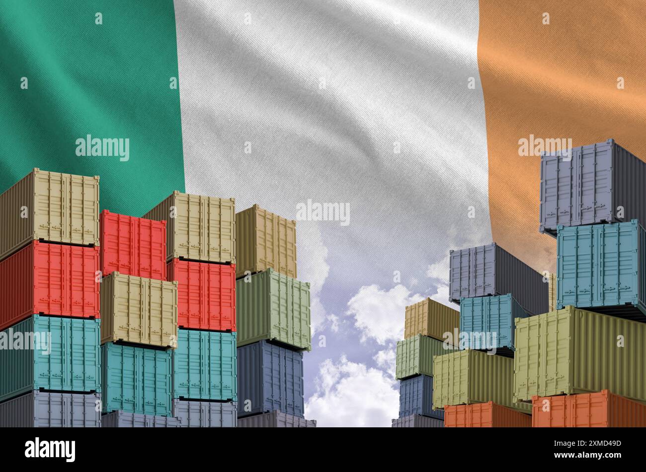 Ireland flag and big stack of shipping cargo containers in docks with ...