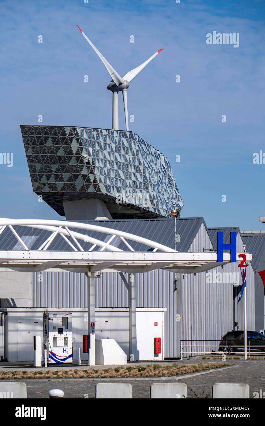 Hydrogen filling station in Antwerp, for cars and lorries, H2 lettering ...