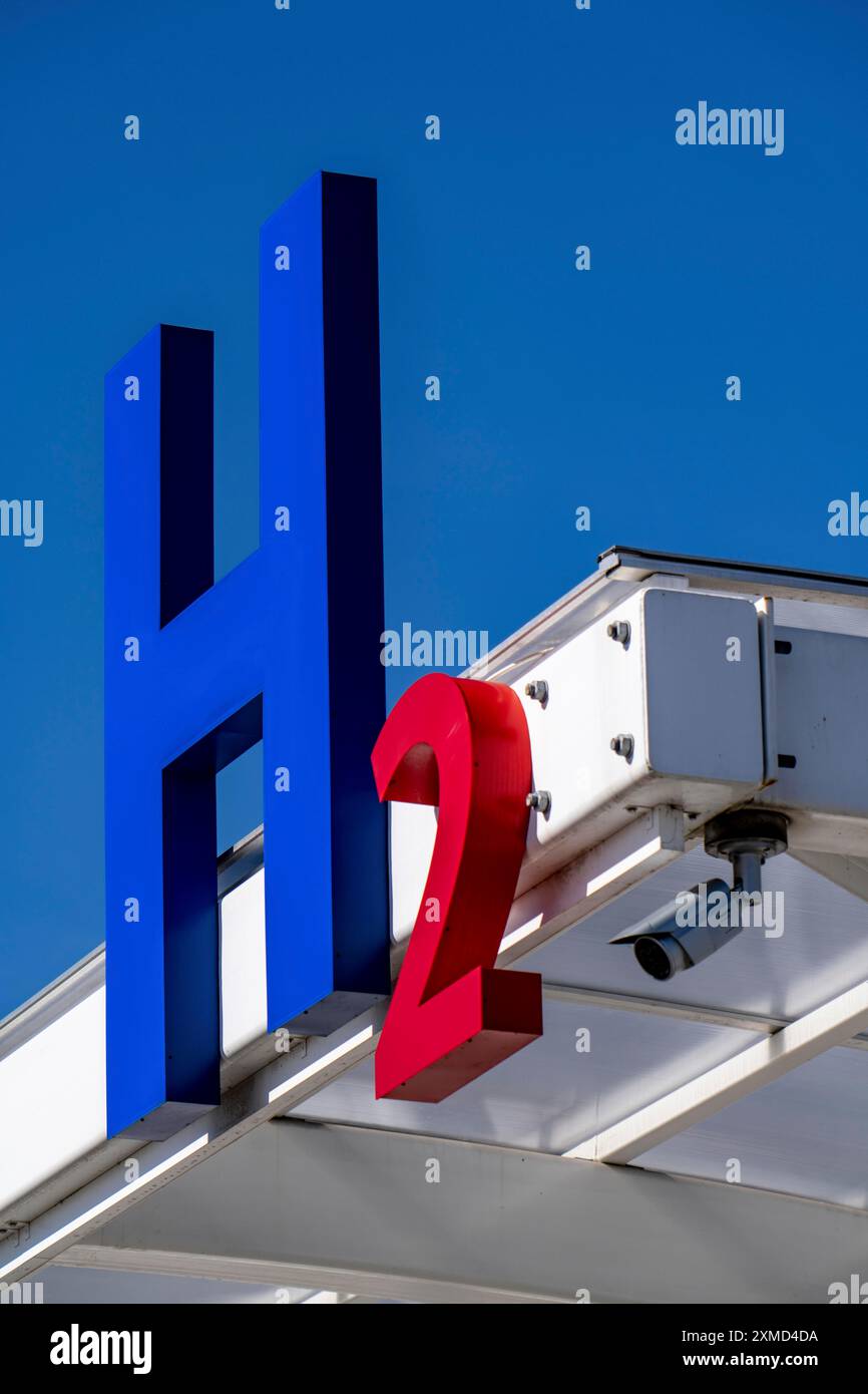 Hydrogen filling station in Antwerp, for cars and lorries, H2 lettering ...