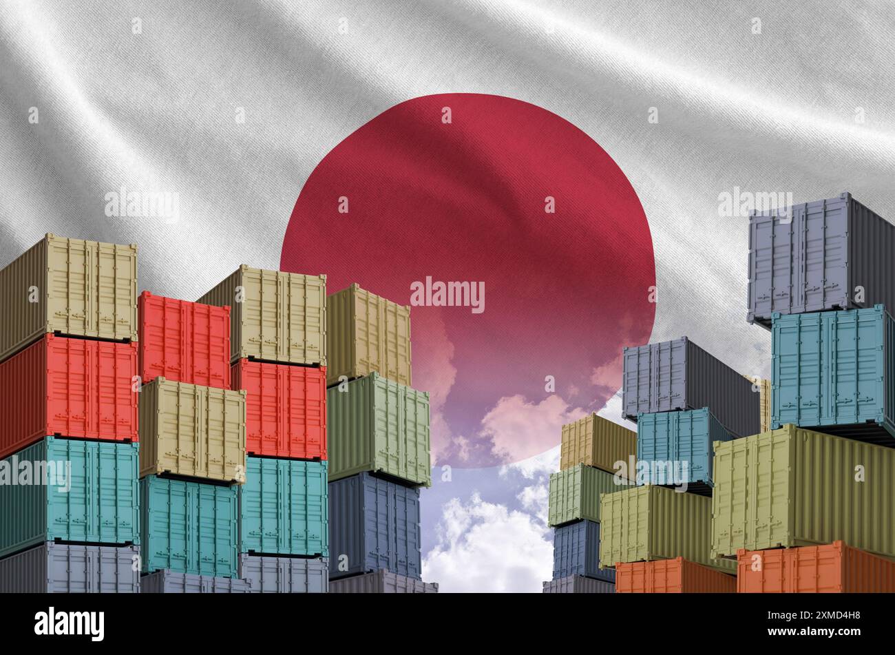 Japan flag and big stack of shipping cargo containers in docks with sky ...