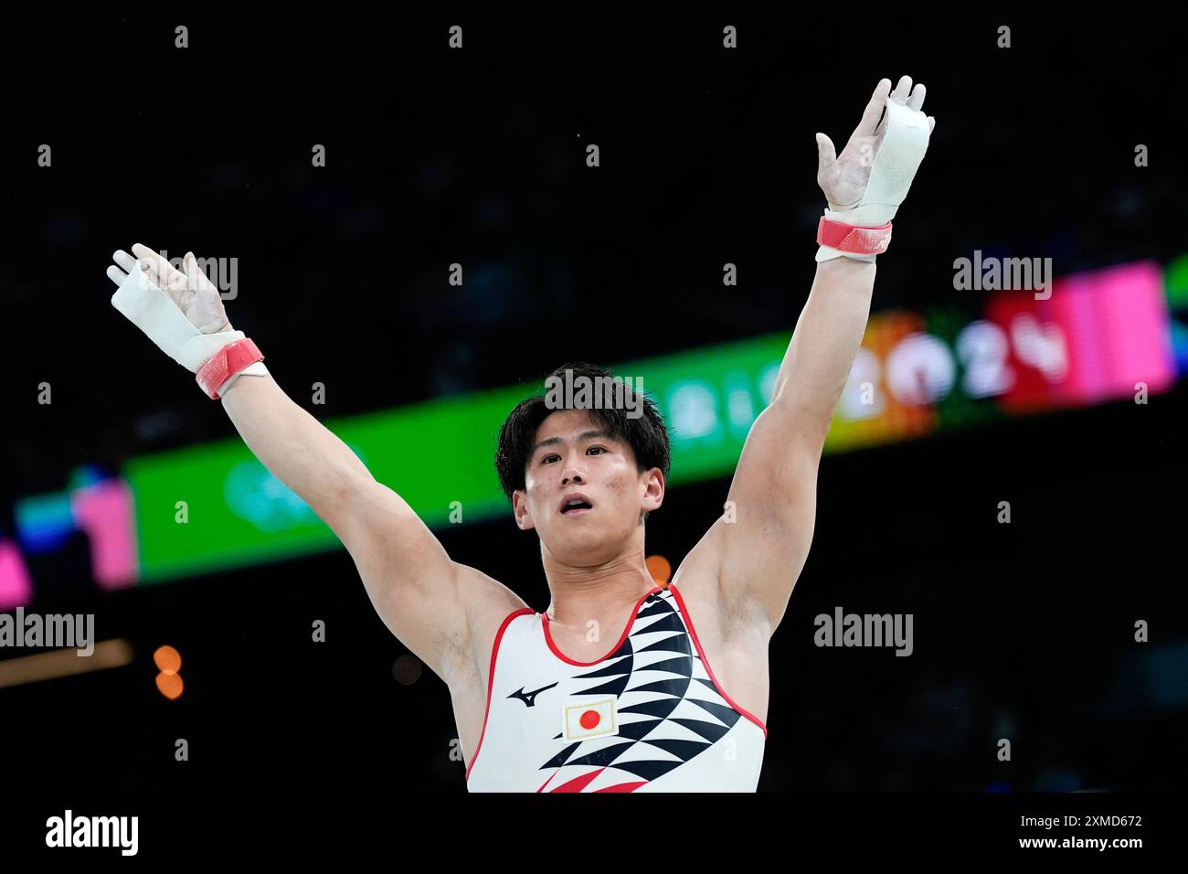 Daiki Hashimoto, of Japan, celebrates after competing on the rings ...