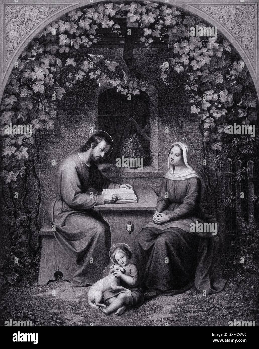 The lithograph depicts Saint Mary, the Blessed Virgin, seated beside ...