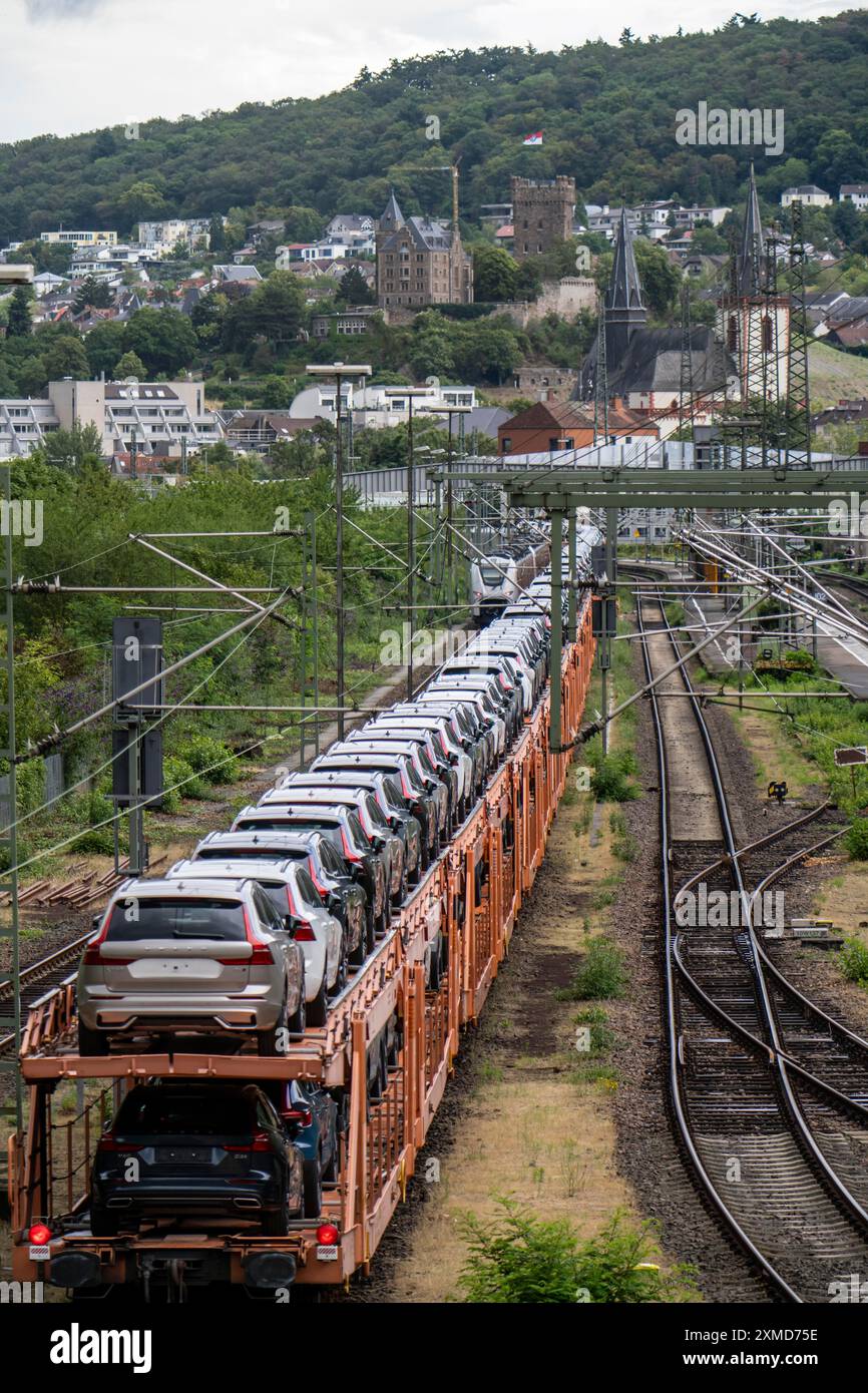 Upper Middle Rhine Valley, goods train, car transporter at Bingen ...
