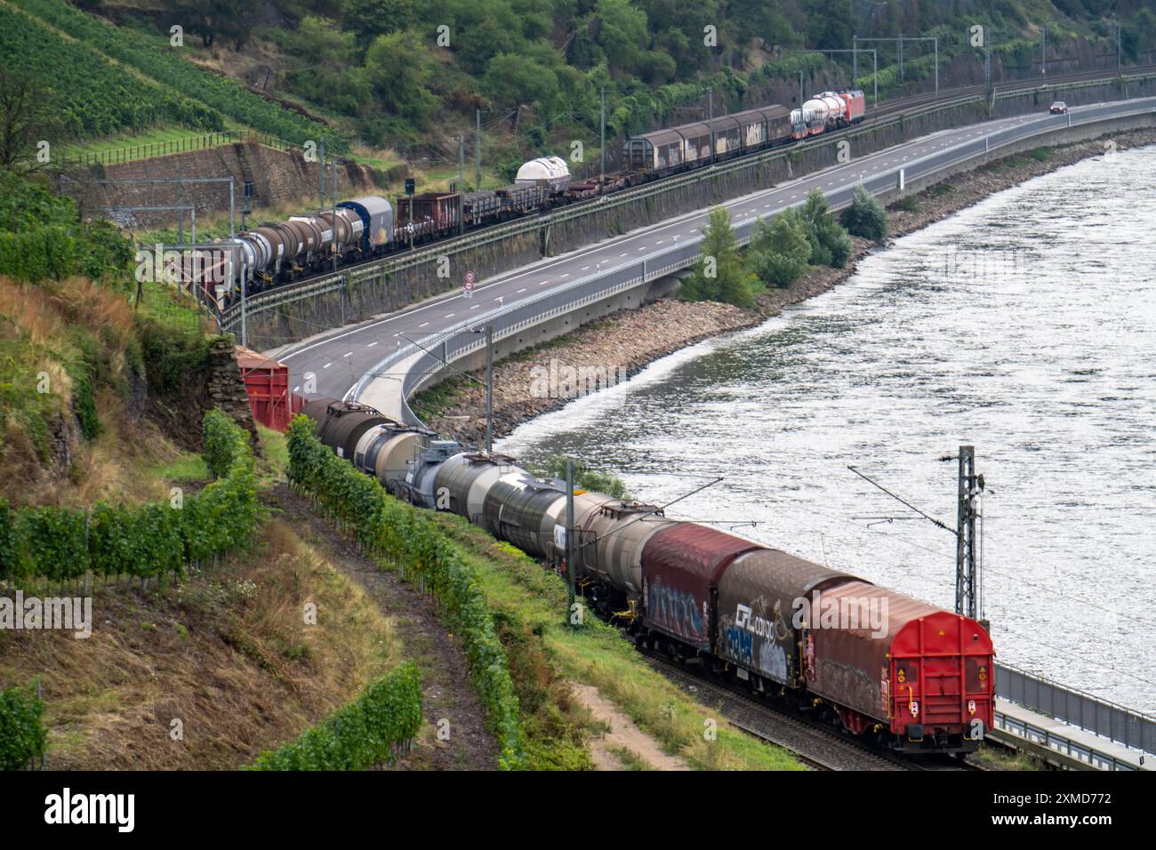 Upper Middle Rhine Valley, railway line on the right bank of the Rhine ...