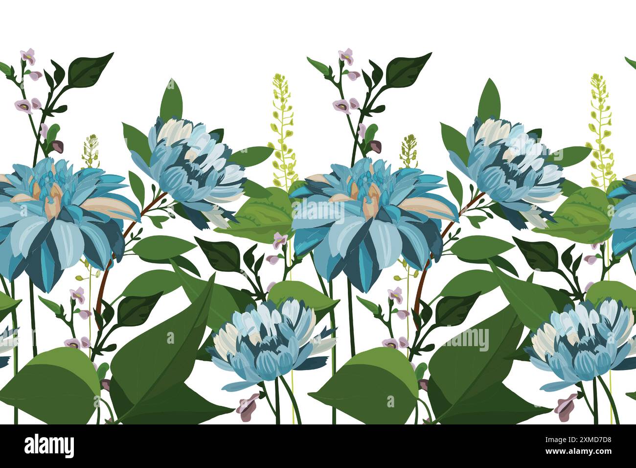 Vector floral seamless pattern, horizontal border. Blue flowers, green ...