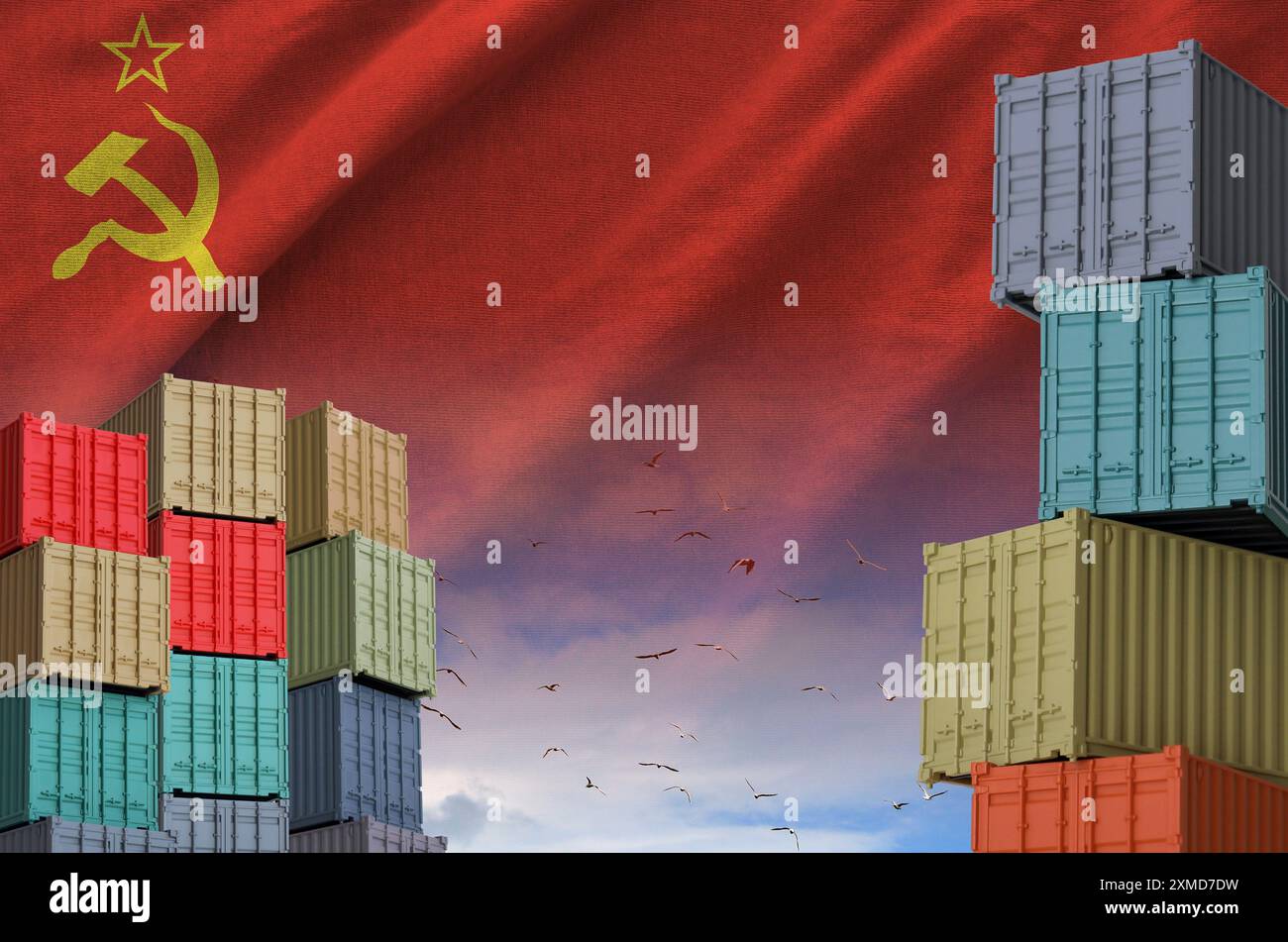 Soviet Union flag and big stack of shipping cargo containers in docks ...