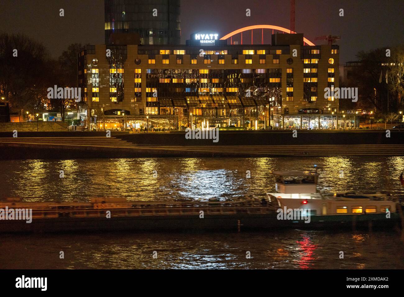 The Hyatt Regency Hotel on the Rhine, in Cologne Deutz, behind it the ...