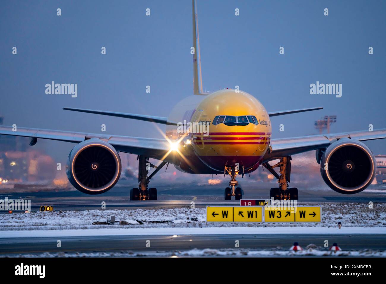 DHL, AeroLogic, Boeing 777F, on the taxiway to Runway West, Frankfurt ...