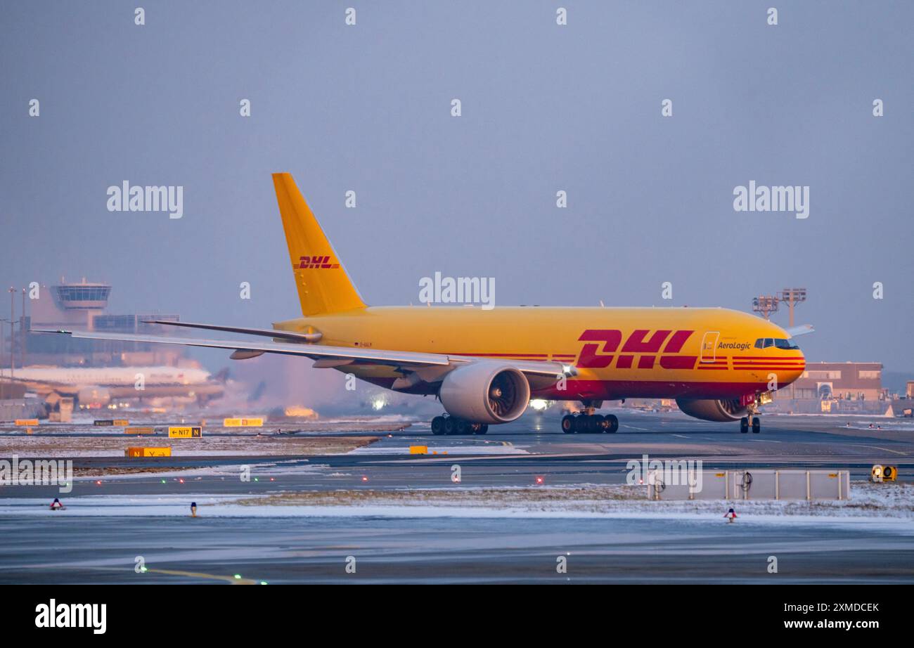 DHL, AeroLogic, Boeing 777F, on the taxiway to Runway West, Frankfurt FRA Airport, Fraport, in ...