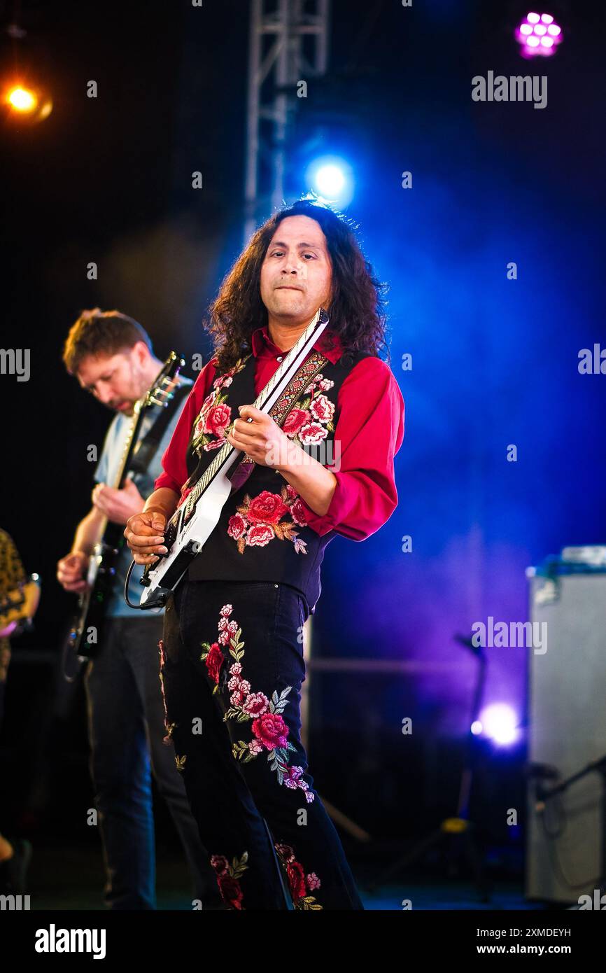 Malmesbury, UK. 27th July, 2024. Ed Rodriguez of Deerhoof performing on ...