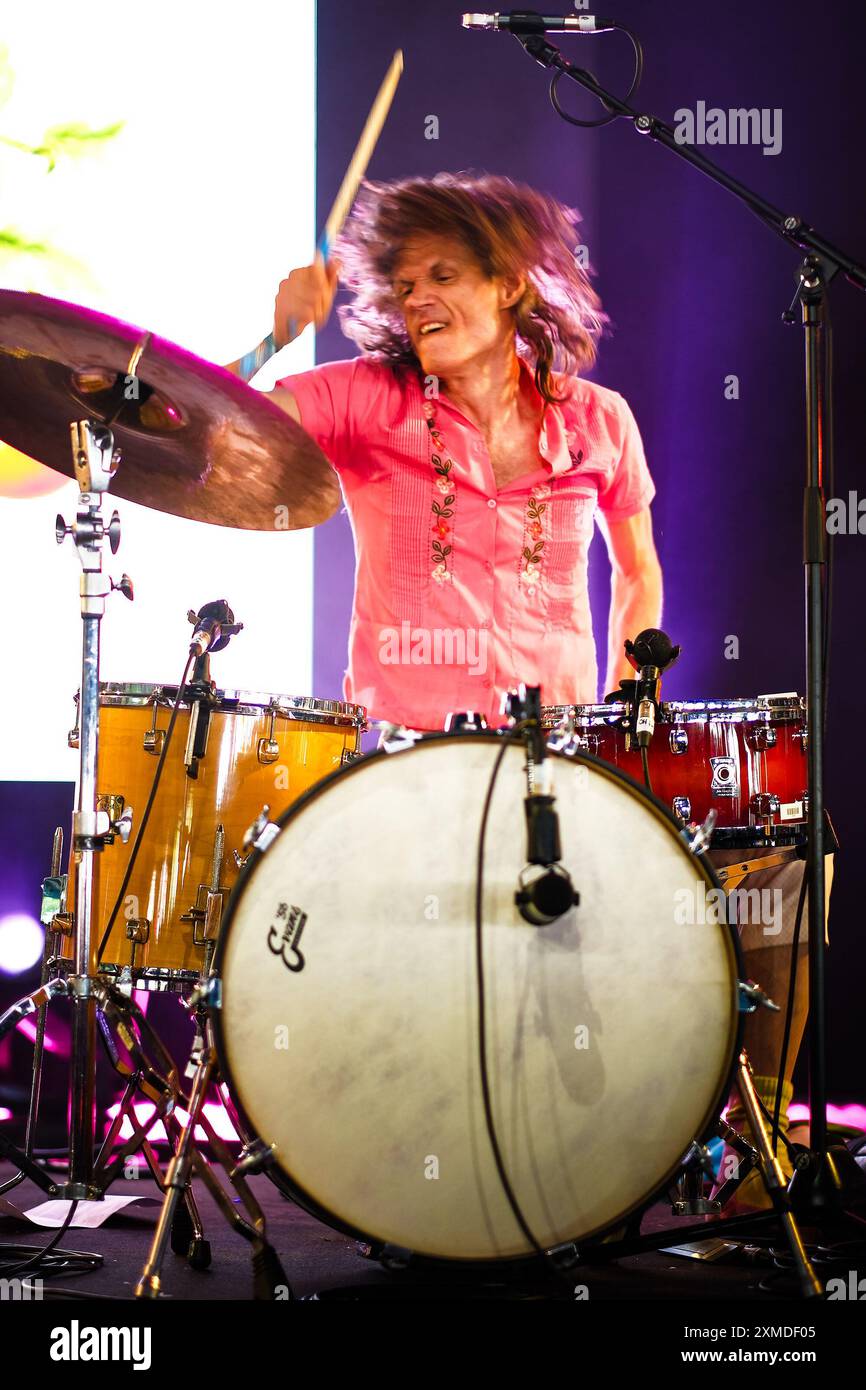 Malmesbury, UK. 27th July, 2024. Drummer Greg Saunier of Deerhoof ...