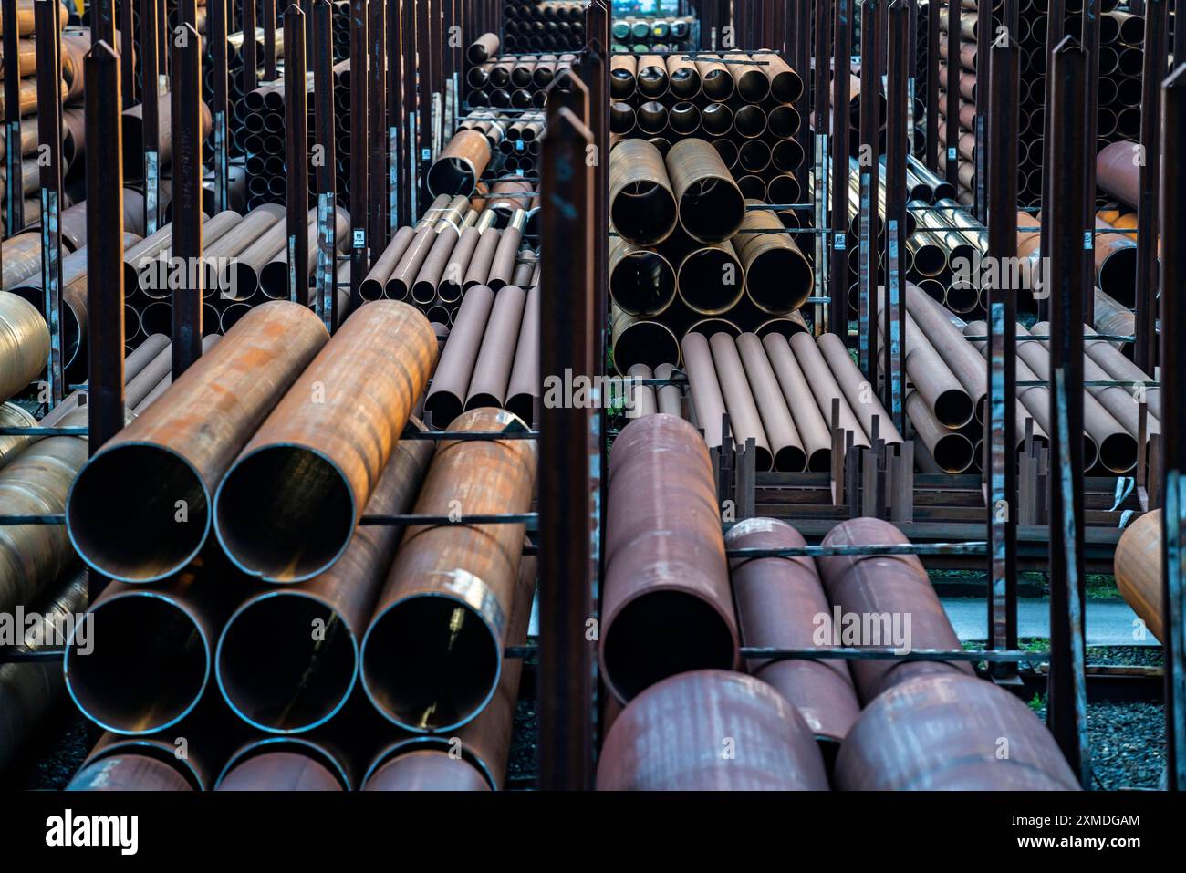 Warehouse for steel pipes in Duisburg harbour, steel pipes in various ...