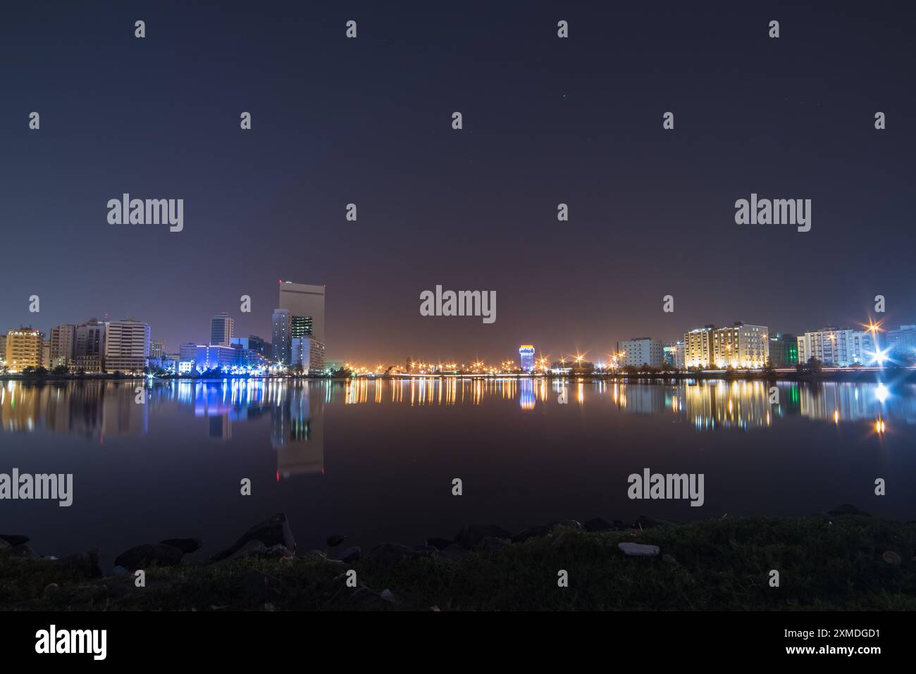 Night View of Al Balad, City Center Jeddah from Lake Arbaeen Stock ...
