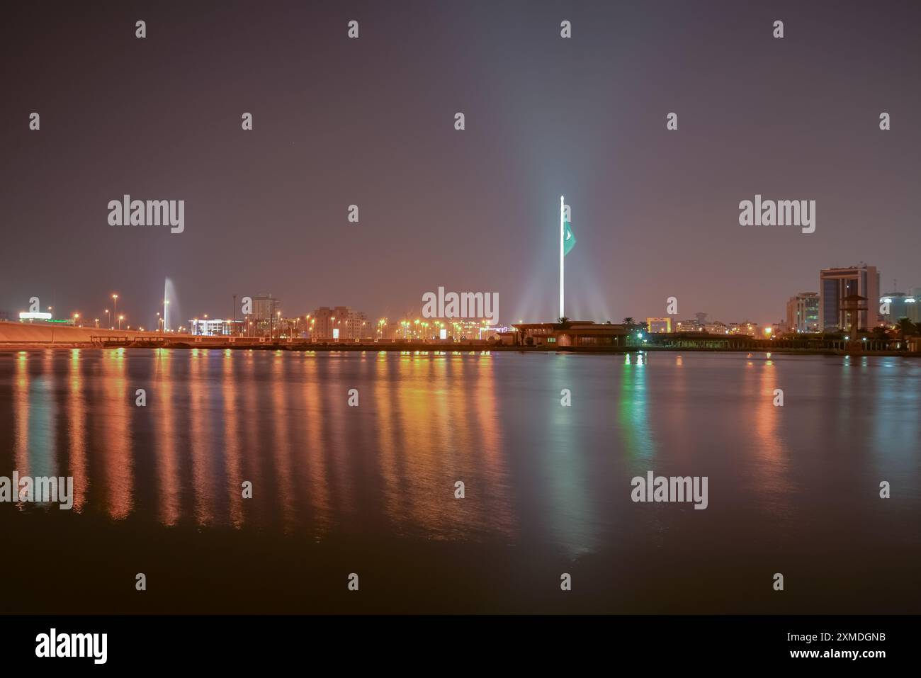 Night View of Jeddah Ruwais Area Featuring Jeddah Flagpole and Water ...