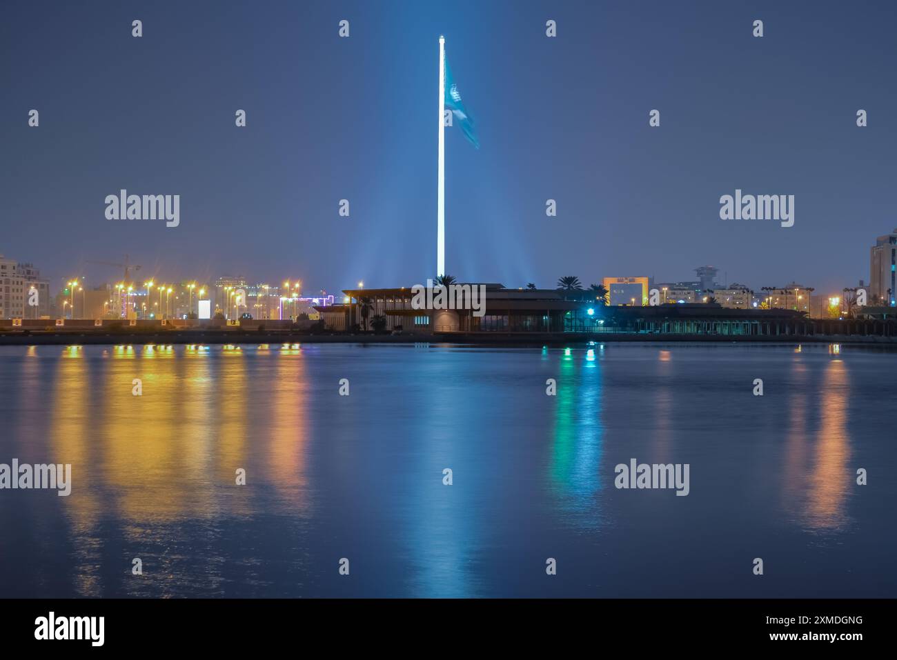 Night View of Jeddah Ruwais Area Featuring Jeddah Flagpole and Water ...