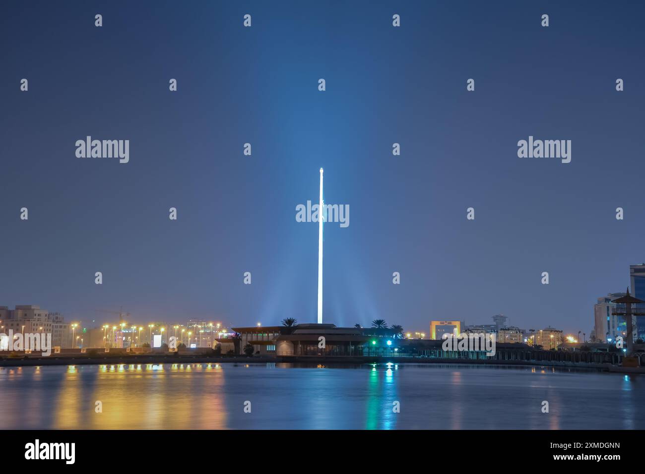 Night View of Jeddah Ruwais Area Featuring Jeddah Flagpole and Water ...