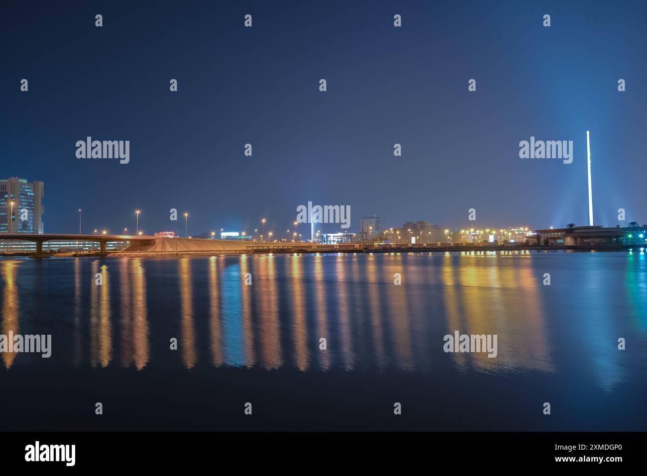 Night View of Jeddah Ruwais Area Featuring Jeddah Flagpole and Water ...